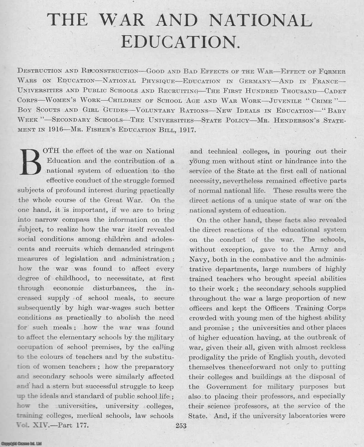 World War 1 : The War and National Education. An uncommon original ...